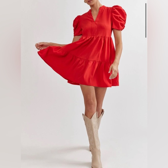 entro | Dresses | Nwt Entro Bright Red Puff Sleeve Tiered Short Dress ...
